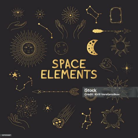 손으로 그린 공간 요소 세트입니다 얼굴 떨어지는 별 혜성 행성 조디악 기호 손 초승달 반달 별 폭발 화살과 황금 태양 골드