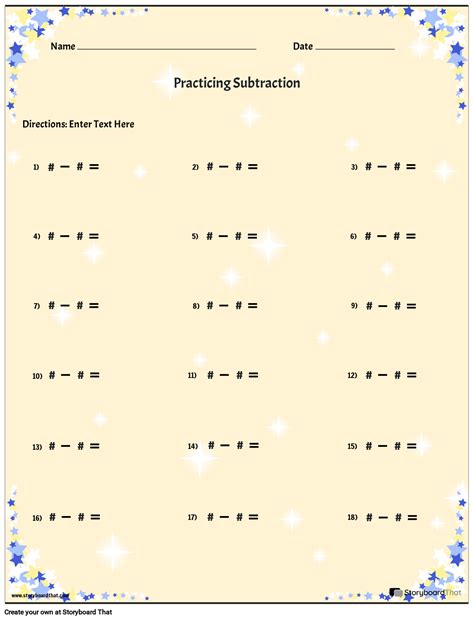 Stars Themed Subtraction Worksheet Design Storyboard