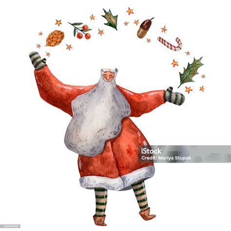 귀여운 동화 산타 클로스 수채화 새해 일러스트 큰 수염 매직 아이템 손으로 그린 만화 일러스트레이션 과자 별 도토리 홀리와