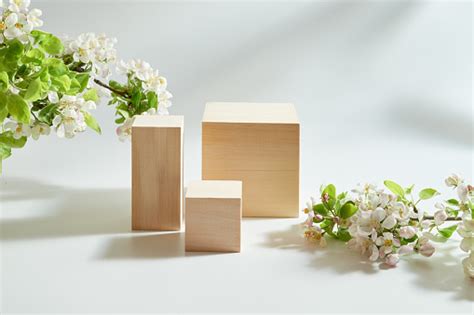 제품 프레젠테이션을 위한 빈 나무 연단과 밝은 배경에 봄 꽃 복사 공간이 있는 모형 개념 광고에 대한 스톡 사진 및 기타 이미지 광고 그림자 기하 도형 Istock