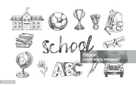학교로 돌아가기 손으로 그린 학용품 큰 스케치 세트 낙서 글자 및 학교 개체 수집 교육 개념입니다 빈티지 스케치 요소 벡터 그림입니다 학교로 돌아 가기 개체 그룹에 대한