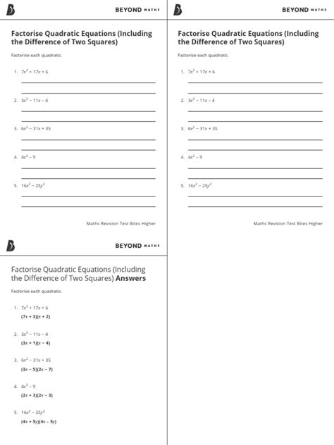 6 Factorise Quadratic Equations Including The Difference Pdf
