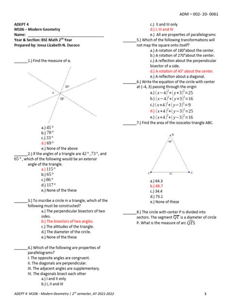 Adept 4 M106 Modern Geometry Questionnaire With Key Pdf Triangle