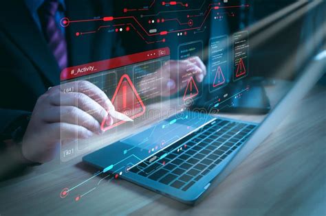 Hacker Or Programmer Using Laptop With Triangle Caution Warning Sign
