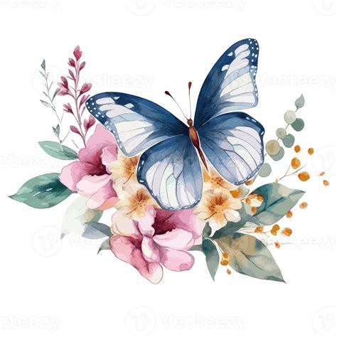 Watercolor Butterfly And Bouquets Spring Flowers 23657629 Png