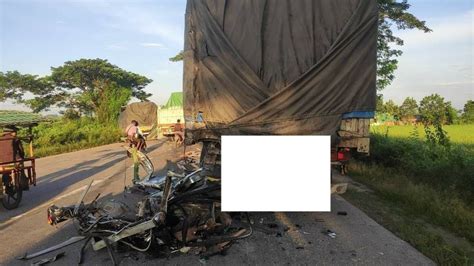 ရန်ကုန် မော်လမြိုင်သွား ကားလမ်းတွင် ရပ်ထားသည့်တွဲကားကို ၁၂ ဘီးကားက နောက်မှဝင်တိုက် ၁၂