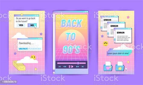 90년대 복고풍 컴퓨터 인터페이스 인스타그램 스토리 템플릿 그루비 스타일 밝은 색상에 대한 스톡 벡터 아트 및 기타 이미지 밝은 색상 신스웨이브 스타일 만화 Istock
