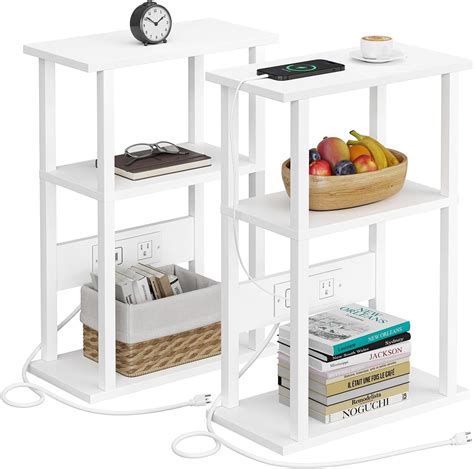 Narrow Side Table With Charging Station 2 Set Skinny End Table For