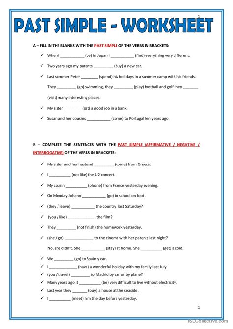 Esl Past Simple Exercises Free Printable Templates