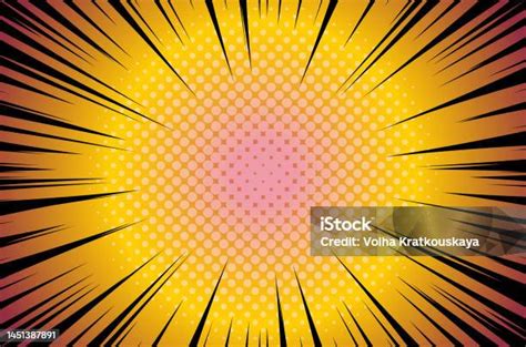 노란색 만화 애니메이션 액션 프레임 라인과 하프톤 팝 아트 복고풍 배경 번개 만화 스타일의 폭발 광선 벡터 삽화 스피드 라인이 있는 추상 폭발 템플릿 사진 효과에 대한 스톡