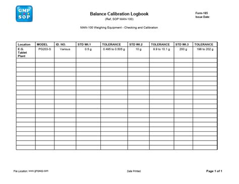 Form 185 Balance Calibration Logbook Pdf