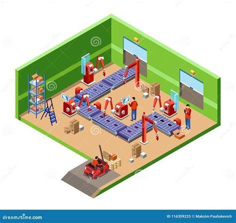 Vector Isometric Automatic Robotic Assembly Line Stock Vector Illustration Of Abstract Belt