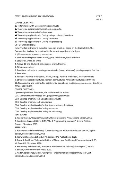 Cs3271 Programming In C Laboratory L T P C Cs3271 Programming In C