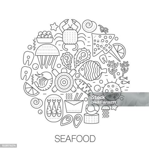 원형덮개 휘장 배지 개념 선 그림에서에서 해산물 바다 식품 선 스트로크 아이콘 설정합니다 개념에 대한 스톡 벡터 아트 및 기타 이미지 Istock