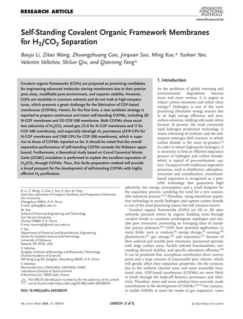 Self‐standing Covalent Organic Framework Membranes For H2co2