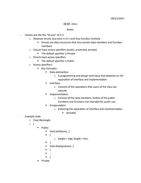 CS Notes CS C Notes Classes Are Like The Structs Of C O However