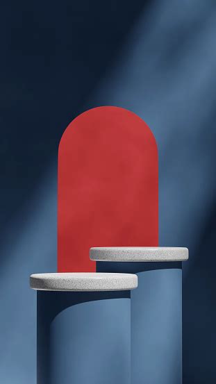 초상화 빨간 아치와 파란 벽에 있는 백색 화강암 실린더 연단 3d 렌더링 이미지 모형 템플릿 0명에 대한 스톡 사진 및 기타