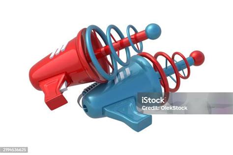 흰색 배경에 고립 된 두 개의 우주 블래스터 미래형 레이저 무기 외계인 총 어린이를 위한 장난감 3ð 렌더링 3차원 형태에 대한 스톡 사진 및 기타 이미지 Istock