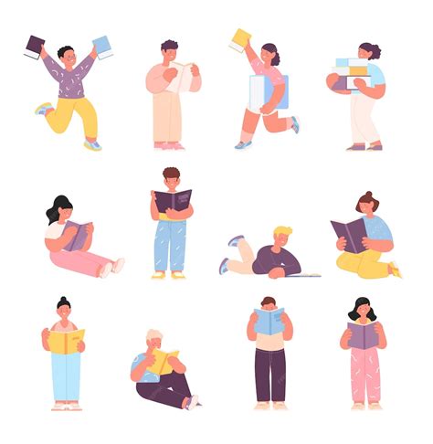 책을 들고 있는 만화 아이들 책을 들고 있는 소녀 소년을 읽는 아이들 도서관에서 학교 문학 학생 연구 교육 완전한 벡터 문자 세트 프리미엄 벡터