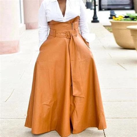 High Waist Buckle Belted Pu Leather Skirt Brown Xl Pu Leather