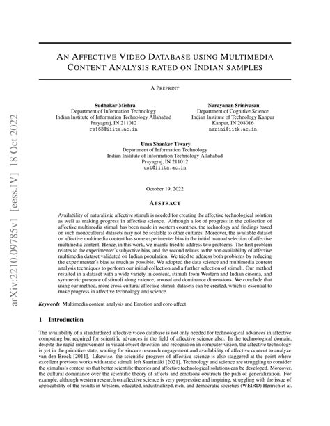 Pdf An Affective Video Database Using Multimedia Content Analysis Rated On Indian Samples