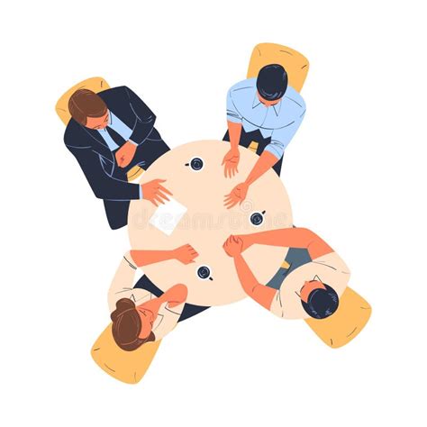 Teamwork With Office Worker Brainstorming At Round Table Discussing Project Above View Vector