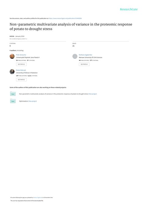 Pdf Non Parametric Multivariate Analysis Of Variance In The Proteomic Response Of Potato To
