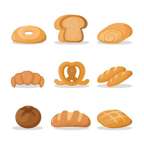 다양한 종류의 프레첼 머핀 피타 치아바타 크루아상 베이글 토스트 빵 프렌치 바게트 베이커리 개념 만화 디자인 벡터 일러스트 레이