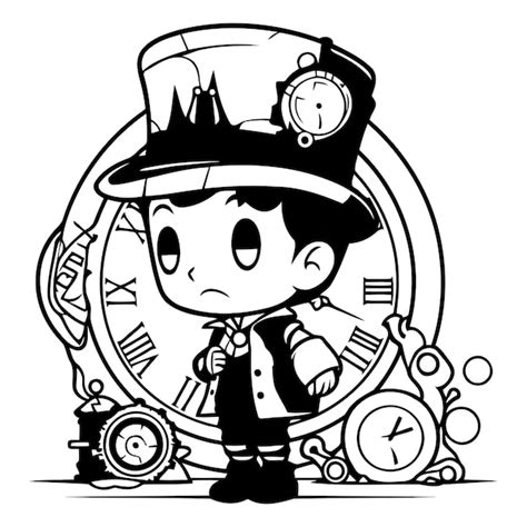Illustration Of A Boy In A Hat With A Clock In The Background Premium