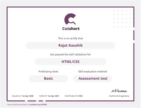 Rajats Skill Certificate For Htmlcss Cutshort