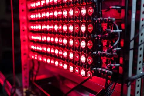 Closeup Of A Red Glowing Server Rack With Numbered Lights Premium Ai Generated Image