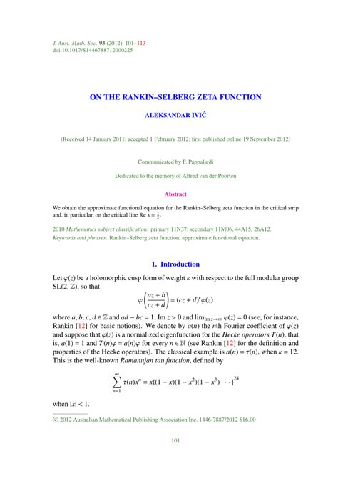 Pdf On The Rankin Selberg Zeta Function