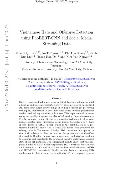 Pdf Vietnamese Hate And Offensive Detection Using Phobert Cnn And Social Media Streaming Data