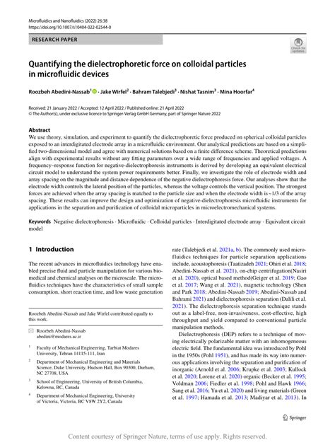 Quantifying The Dielectrophoretic Force On Colloidal Particles In Microfluidic Devices Request Pdf