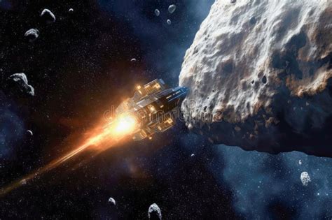 Spacecraft Approaches Resource Rich Asteroid For Mining Operation Stock