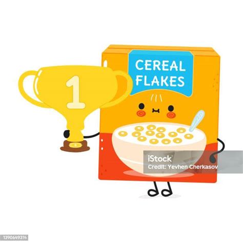 귀여운 재미있는 시리얼 플레이크에는 골드 트로피 컵이 들어 있습니다 벡터 손으로 그린 만화 카와이 캐릭터 일러스트 레이 션 아이콘 흰색 배경에 고립되어 있습니다 우승자