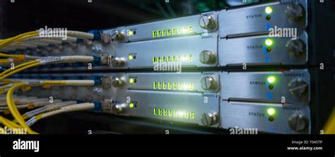 Optical Server Commutator Flashing Lights Optical Fiber Severs Computer In A Rack At The