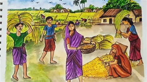 How To Draw Late Autumn Scenery Village Late Autumn Season Drawing হেমন্তকালের দৃশ্যআঁকা Youtube