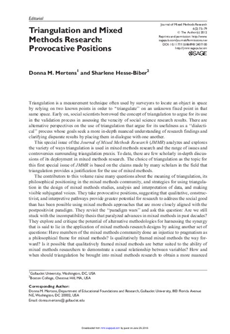 Pdf Triangulation And Mixed Methods Research Provocative Positions
