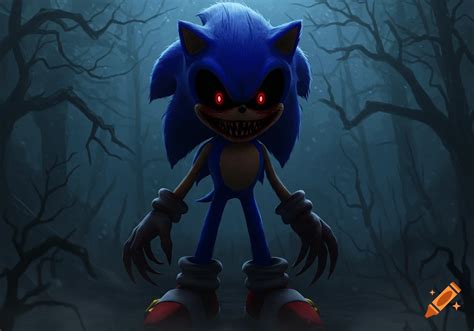 A Hyperrealistic Horrifying Sonicexe Stands In A Dark Misty Forest Featuring Glowing Red