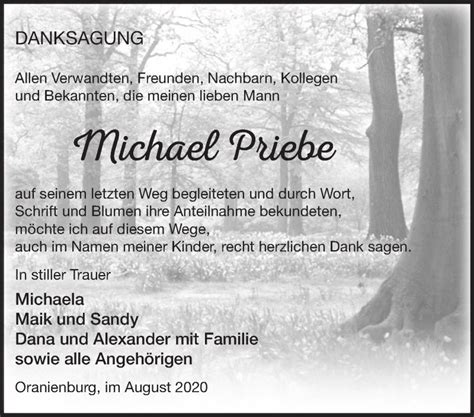 Traueranzeigen Von Michael Priebe Märkische Onlinezeitung Trauerportal