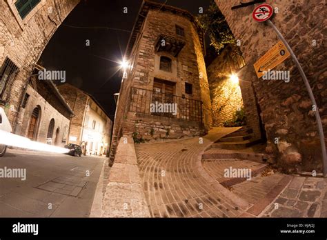 Alleys And Squares At Night With Illumination Assisi Umbria Italy