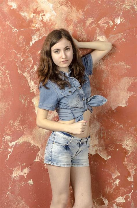 Cheerful Young Teen Girl In Denim Shorts Stock Image Image Of Face