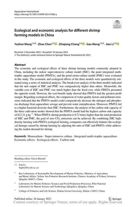Ecological And Economic Analysis For Different Shrimp Farming Models In China Request Pdf