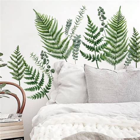 Runtoo Large Fern Leaves Wall Art Stickers Green Plant Vine Wall Decal Living Room