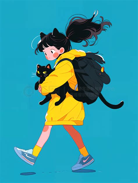 猫咪ai数字艺术 扁平手绘风卡通可爱女孩和猫咪插画 Ai平面元素免费下载png格式2784像素编号67601018 千图网