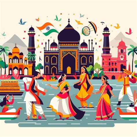Indian Culture Festival Background Group Of People And Mosque Flat