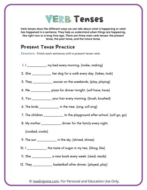 Verb Tenses Worksheets Definition Examples Readingvine