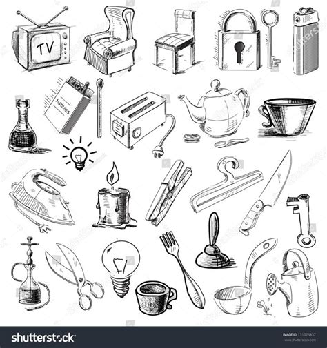 Household Home Objects Collection Hand Drawing Stock Vector Royalty Free 131075837