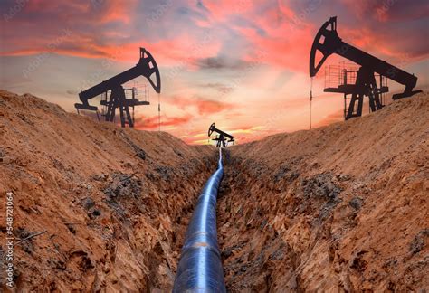 Construction Gas Pipeline Project On Sunset Background Natural Gas And Crude Oil Transmission